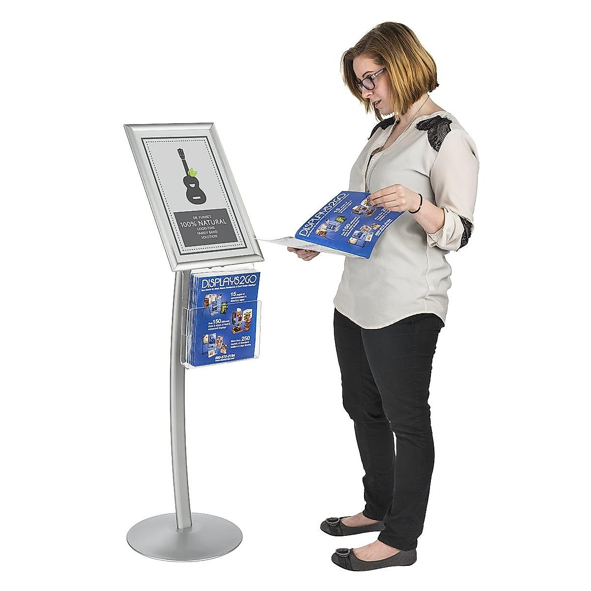 Displays2go CMB17NGW Floor Sign Stand with Literature Pocket, Snap Frame for 11x17-Inch Poster, Silver