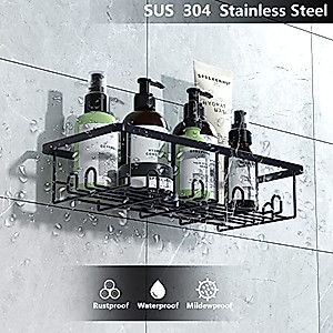 4-Pack Adhesive Shower Caddy, Bathroom Organizer with Soap Holder, Rustproof Stainless Steel Shower Organizer, Wall Mounted No Drilling Shower Rack with Hooks for Bathroom, Kitchen, Washroom- Black