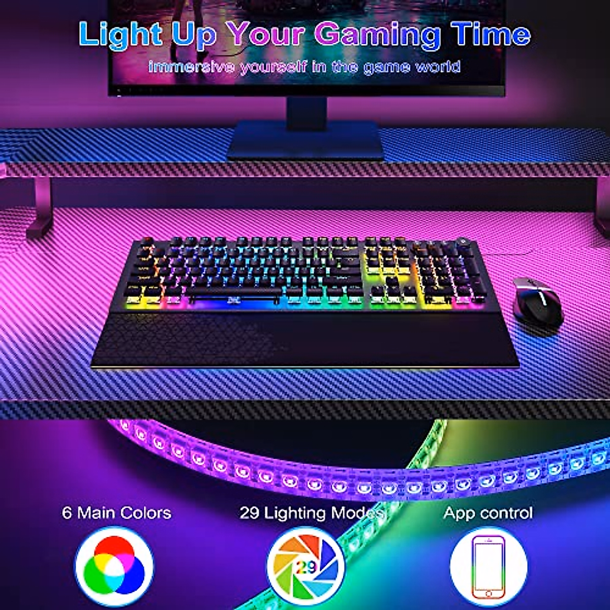 Fangflower L Shaped Computer LED Lights and Power Outlets, 51" Monitor Stand, Cup Holder, Corner Gaming Desk with Hooks for Home Office, Black