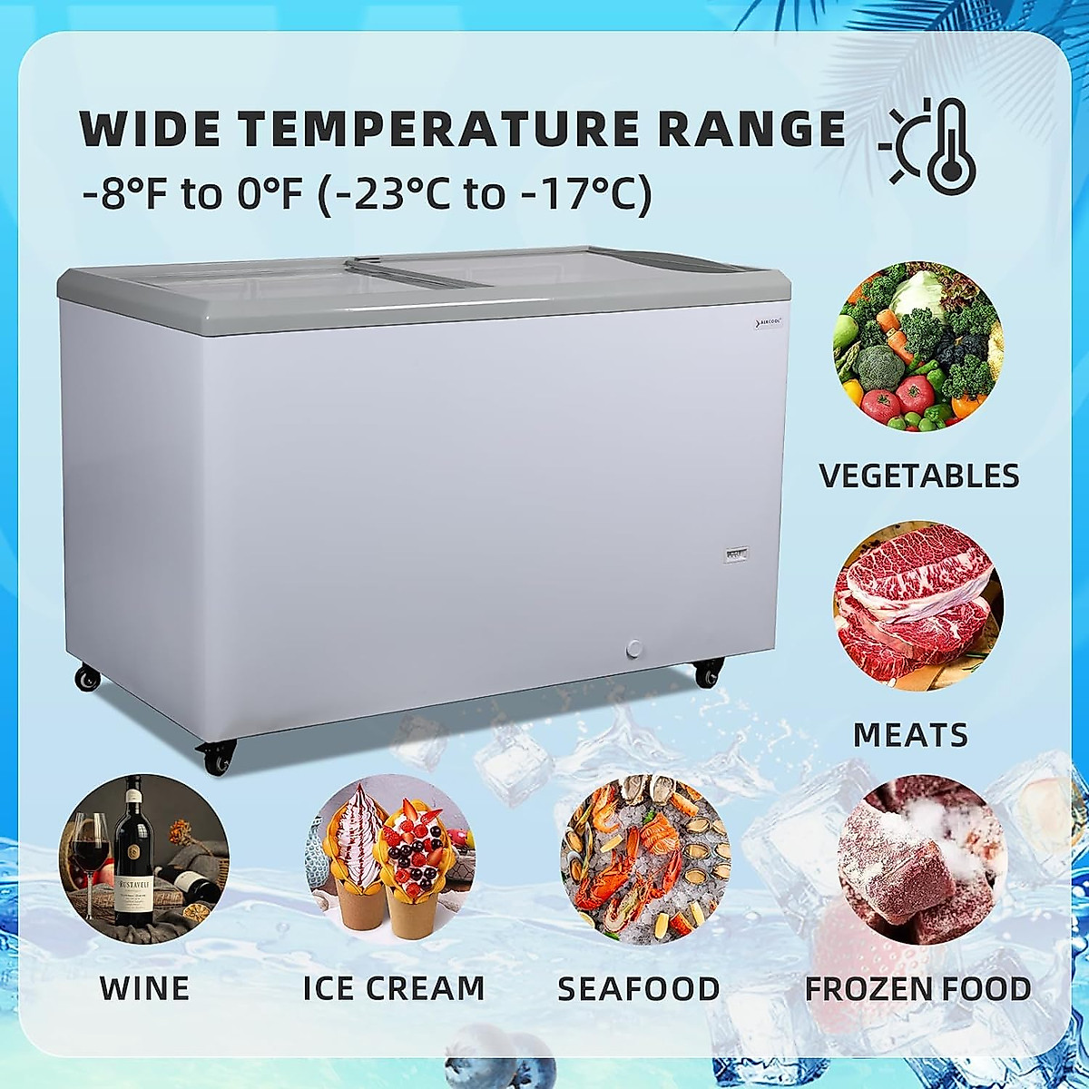 Generic 16 Cu.Ft Commercial Chest Freezer with LED Light,Temp Rang -8°F and 0°F,Glass Top Display Chest Freezer with 6 Removable Wire Baskets,Sliding Lids, Lock,Caster Wheels, FDF16CF-ST