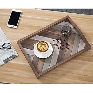 MyGift 16 Inch Rustic Brown Wood Serving Tray with Handles and Multicolored Chevron Design, Ottoman Decorative Tray