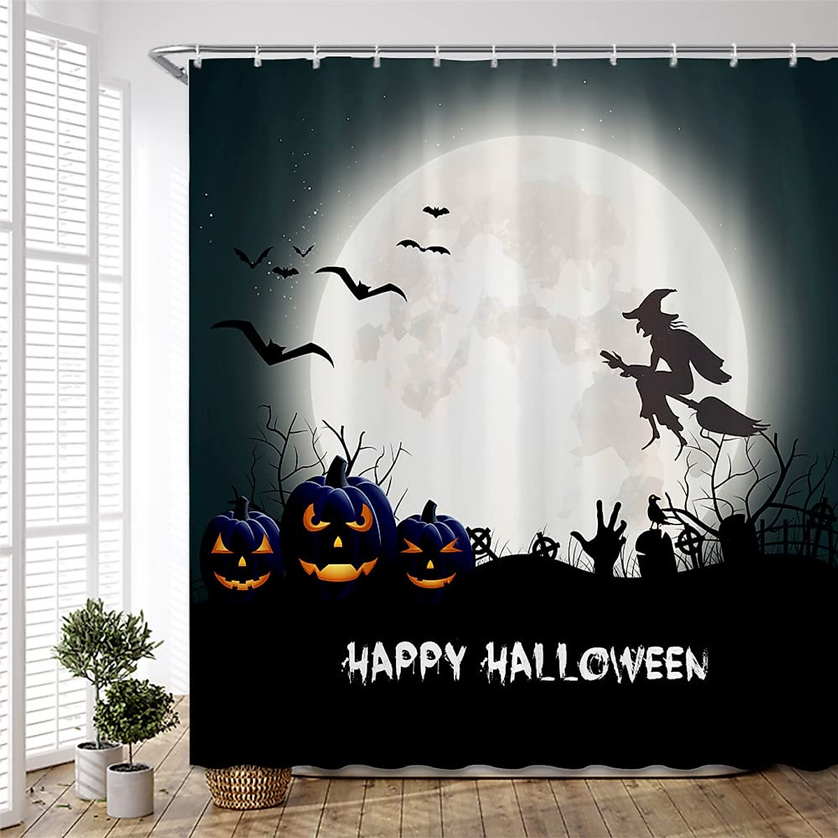 PZMPZM Halloween Shower Curtain Witch Pumpkin Lanterns Full Moon Tombstone Bats Crow Pattern Party Backdrop Cloth Bathroom Polyester Fabric Curtains with Hooks 70Wx70H inch