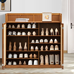 MoNiBloom Bamboo 6 Tier Freestanding Boho Shoe Storage Cabinet Organizer Shelf Stand Unit Up to 25 Pairs for Boots Heels Sneakers Sandals, w/Doors, Brown