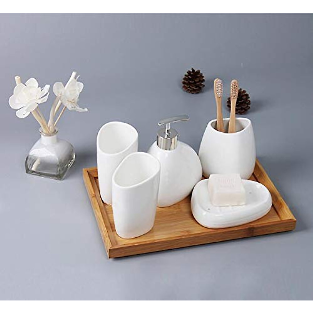 My-Deeb Bathroom Accessories Set, 5-Piece Include [ Lotion Dispenser, Tooth Brush Holder, 2 Tumbler and Soap Dish ]. White Ceramic. Modern Design Bath Set.
