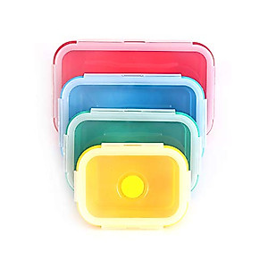 Collapsible silicone food storage containers w/BPA free airtight plastic lids-Set of 4 small and large meal cereal prep container bowl kitchen pantry organization, lunch boxes-Microwave & freezer