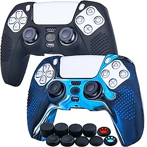 YoRHa Studded Silicone Cover Skin Case for PS5 Controller x 2(Black+Camouflage Blue) with Pro Thumb Grips x 10