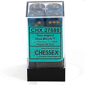 Chessex DND Dice Set-Chessex D&D Dice-16mm Phantom Teal and Gold Plastic Polyhedral Dice Set-Dungeons and Dragons Dice ludes 12 Dice – D6, Various (CHX27689)