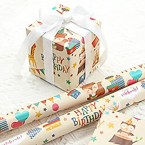 Birthday Wrapping Paper For Kids Girls Boys, Animals Party Design Gift Wrap Paper for Birthday Baby Shower, 6 Sheets Folded Flat 20x28 Inches Per Sheet