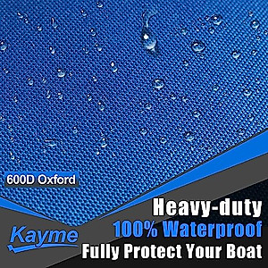 Kayme 600D Heavy Duty Boat Cover, Waterproof and Tear Resistant Boat Canvas, Tarps with Windproof Straps. Fit for V-Hull, Tri-Hull, Bass Boat, Fish & Ski Boat, Length 17'-19', Width up to 96".
