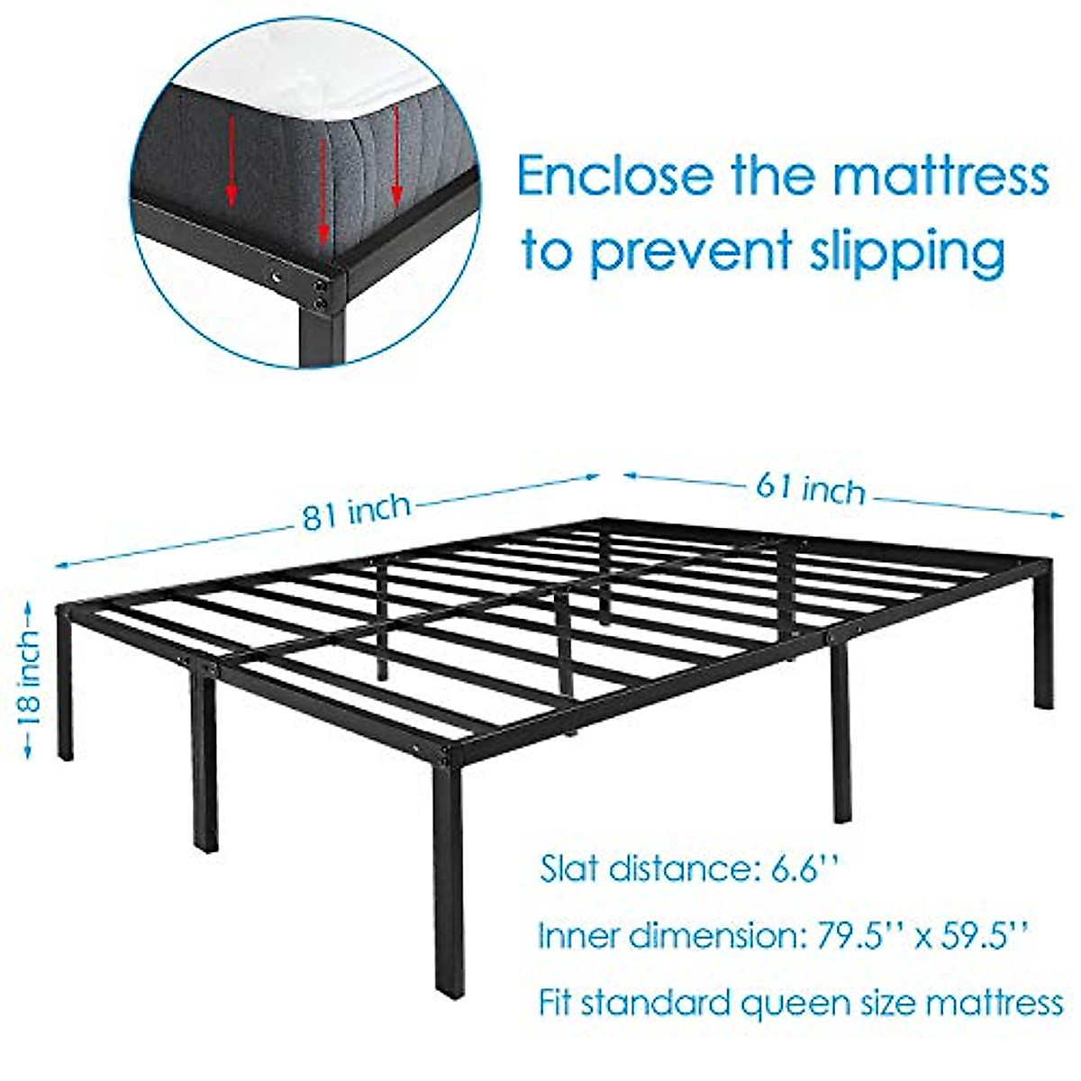 HAAGEEP 18 Inch Queen Bed Frame No Box Spring Needed High Platform Bedframes with Storage Size Black Metal