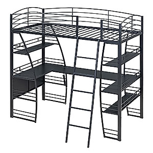 GJHOME Twin Size Loft Bed with 4 Layers of Shelves and L-Shaped Desk, Stylish Metal Frame Bed with a Set of Sockets, USB Ports and Wireless Charging, Black
