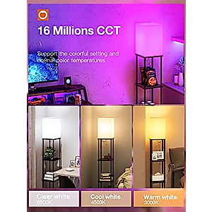 addlon Smart Modern Shelf Floor Lamp with RGB Bulb and White Lamp Shade - Display Floor Lamps with Shelves for Living Room, Bedroom and Office - Classic Black