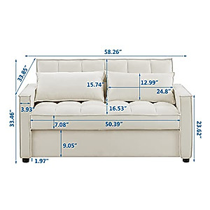 Melpomene Convertible Sofa Bed with Adjustable Backrest, 58" Modern Velvet Loveseat Sofa with Pull-Out Bed,2 Lumbar Pillows, Side Pockets, for Small Spaces(Beige)