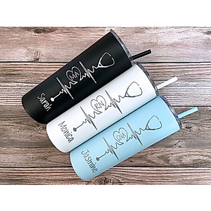 Heartbeat Nurse's Personalized Laser Engraved 20 oz Stainless Steel Skinny Tumbler with Custom Stethoscope by Avito - Includes Straw and Lid - Nurse RN, CNA, PA - Nurse Gift