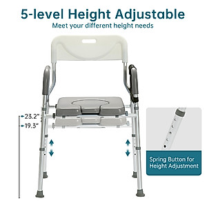 ELENKER 4-in-1 Raised Toilet Seat with Armrests and Backrest, Bedside Commode Chair, Adjustable Toilet Safety Frame, Shower Chair with Padded Seat, Grey