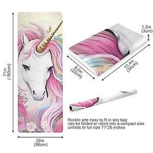 GOODOLD Cute Horse Pink Yoga Mat, 71 x 26 Inch Non-slip Yoga Mats Folding Travel Exercise Mat Indoor Outdoor Gym Pilates with Storage Bag for Women Men