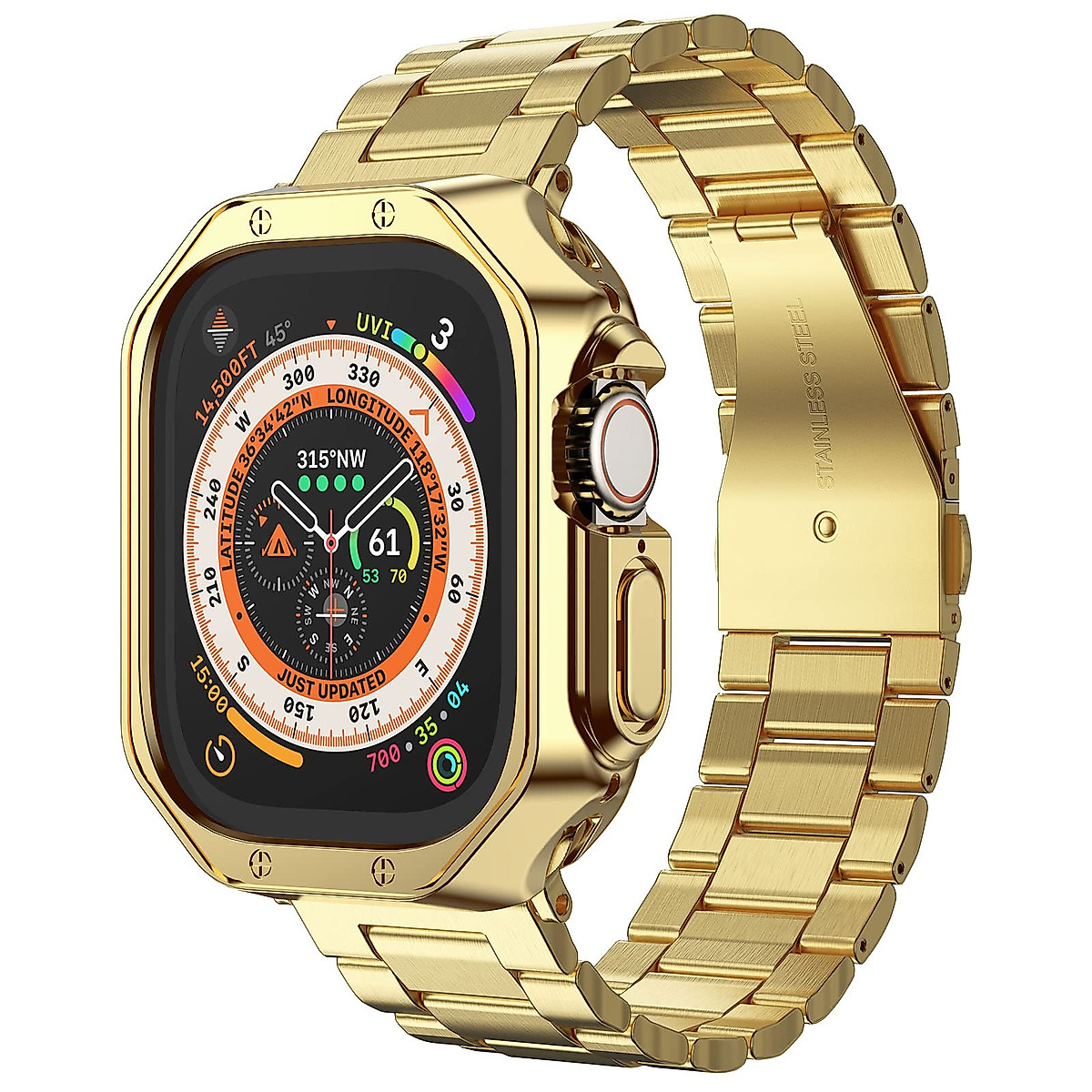 Compatible with Apple Watch Ultra 2 Band and Case, Stainless Steel Metal Chain with TPU Cover, Smart-Watch Link Bracelet Strap for men, Wrist-Band for i-Watch Ultra, 49mm, Gold