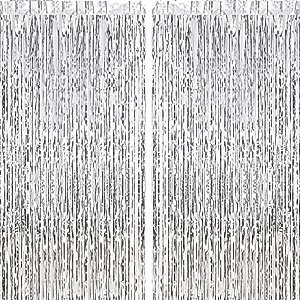 CHRORINE 2pcs 3ft x 8.3ft Silver Tinsel Foil Fringe Curtains Streamers Backdrop for Birthday Graduation Engagement Bridal Shower Bachelorette Baby Shower Holiday Party Decorations