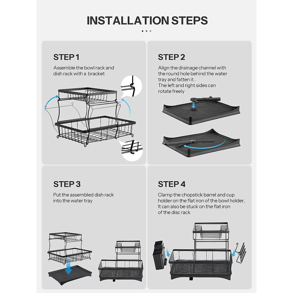 Reemix Dish Drying Rack, 2 Tier Dish Drainer with Removable Utensil Holder and Swivel, Durable High Carbon Steel Material, Larger Capacity, Easy Installation, Black