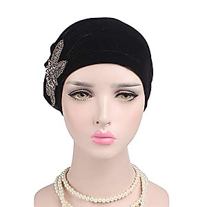 YiYi Operation Women's Stretch Velvet Turban Hat Cancer Chemo Beanie Beaded Flower Hair Wrap Cap Headwear (Black)