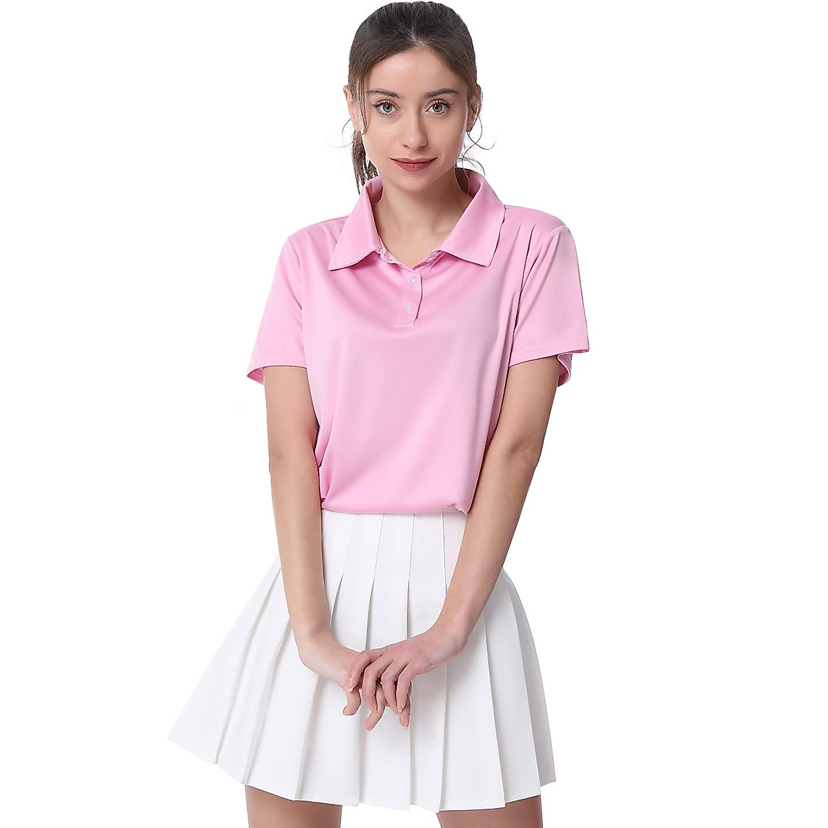 Women's Polo Tee Dry Fit Golf Shirt Moisture Wicking Short Sleeve Sport Activewear Golf Polo Tops Collar with Buttons Workout Black/White/Pink M