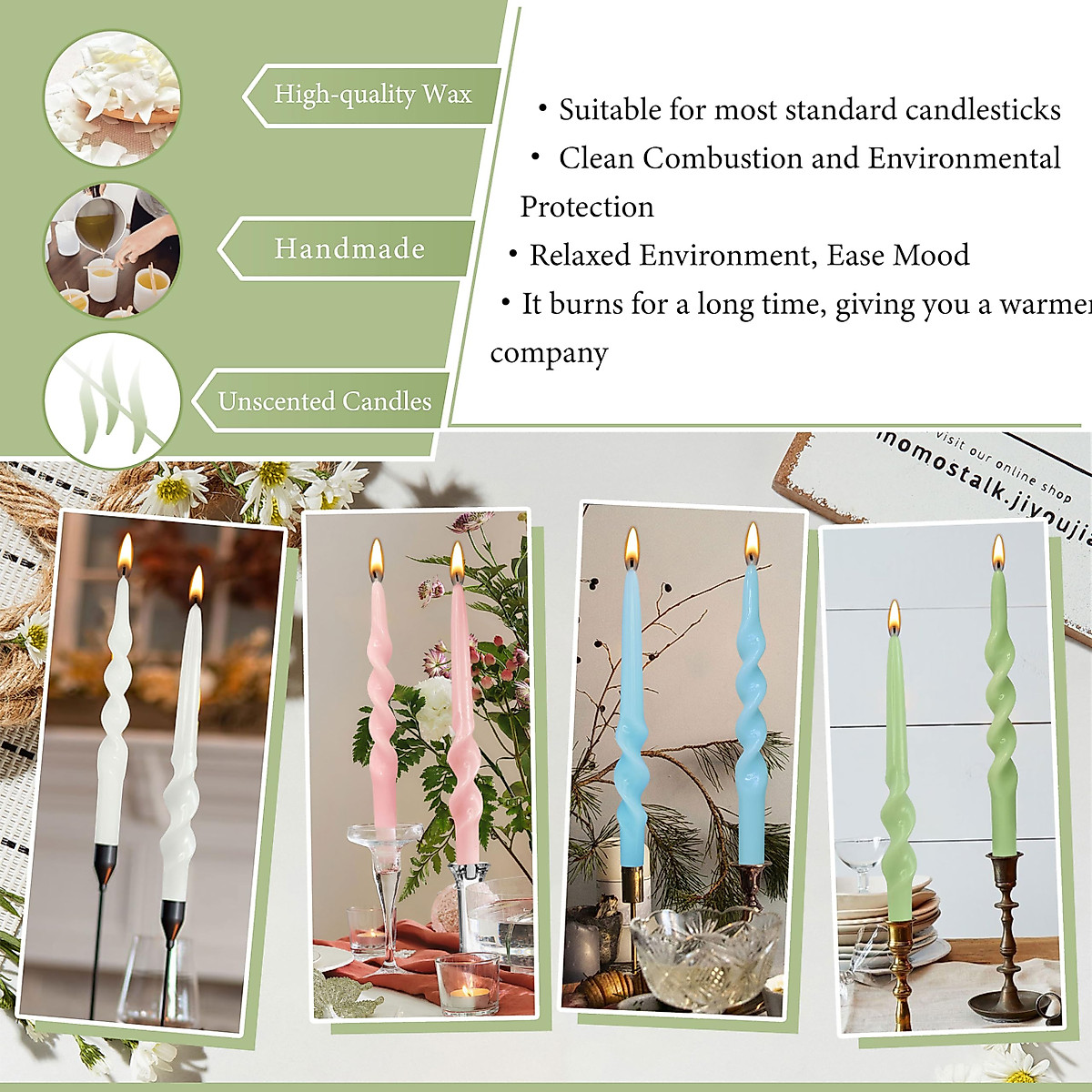 Green Spiral Taper Candles Stick 10 inch High Tapered Candle - 4 PCS Long Candlesticks Unscented Twisted Tapered Candlesticks for Home Decoration Holiday Wedding Party