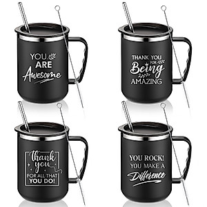 Sumind 6 Pcs Thank You Employee Appreciation Gifts Bulk 17 oz Inspirational Stainless Steel Coffee Mugs with Handle Lid Straw for Staff Employee Coworker Teacher Gifts(Black, 4 Pcs)