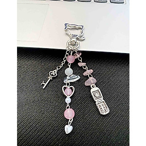 Cute aesthetic Y2k Keychains For Kid Teens Girl Women Beads crystal Heart Kawaii Key Chains (Pink)