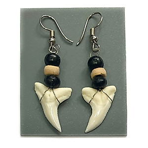 Genuine Mako Shark Tooth Earrings, Handmade Wooden Beads Dangle Shark Tooth Earrings for Women Jewelry GA056-A