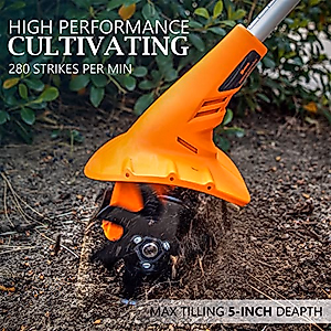 Ukoke Cordless Tiller Cultivator 20V 2.5 A Battery 280 max RPM Powered Tiller Cultivator, w/24 Steel Blade Cultivate Max Tilling 5'' deep Path by 7.8'' Wide, Orange, ST1902