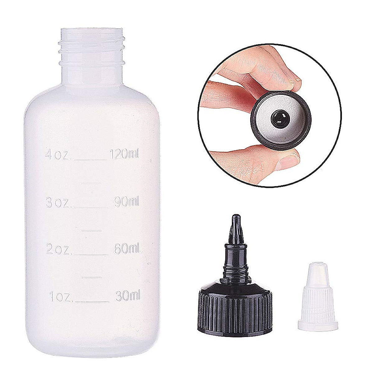 BENECREAT 12 Pack 4 Ounce Plastic Squeeze Dispensing Bottles with Black Twist Cap and Measurement, Open/Close Nozzle - Good for Crafts, Art, Glue, Multi Purpose