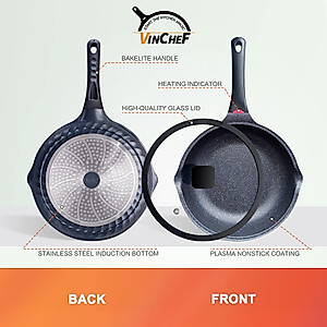Vinchef Nonstick Skillet with Lid, 11In/5Qt Aluminum Deep Frying/Saute Pan with Lid and Heat Indicator, Anti Scratch and Anti Stain, Induction Compatible