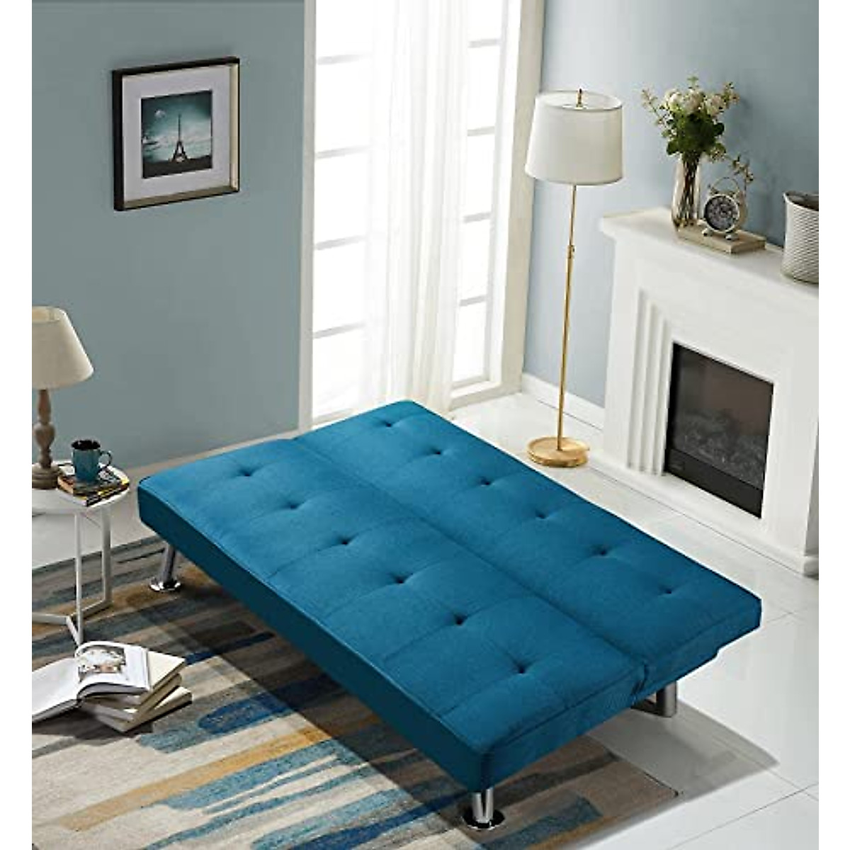 Yaheetech Modern Convertible Futon Sofa Bed w/ 2 Integrated USB Charging Ports Fabric Loveseat Couch Metal Legs, 3 Angles Adjustable Back for Compact Living Space, Apartment, Dorm, Bonus Room Blue