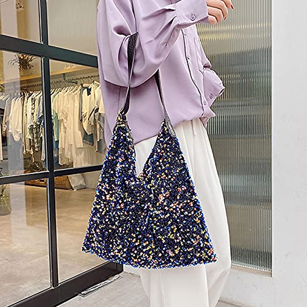 Women Glitter Sequin Shoulder Tote Bag Girls Large Capacity Shiny Shopping Bag Pouch