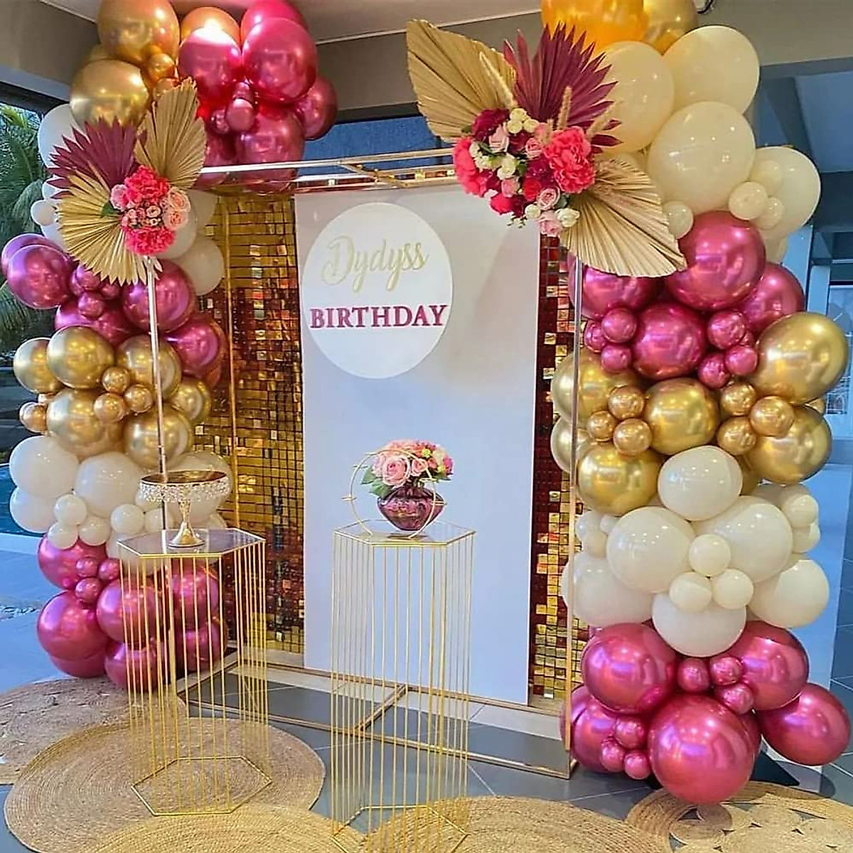 130PCS Metallic Magenta Hot Pink Balloon Garland Arch Kit, Chrome Fuchsia Gold Sand White Balloons for Bachelorette Wedding Anniversary Baby Shower Birthday Party Decoration Supplies