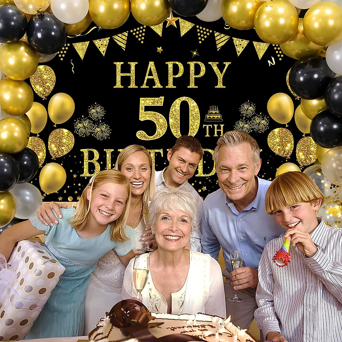 Trgowaul 50th Birthday Decorations for Men Women - Black Gold Happy 50th Birthday Backdrop Banner, 2 Pcs Happy Birthday Tablecloth, 60 Pc Latex Confetti Balloons, 50 Years Old Birthday Party Supplies