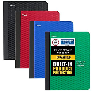 Five Star DuraShield Notetaking Composition Books, 4 Pack, 1 Subject, College Ruled Notebooks, 10-1/2" x 8", 100 Sheets, Black, Red, Blue, Green (850016-ECM)