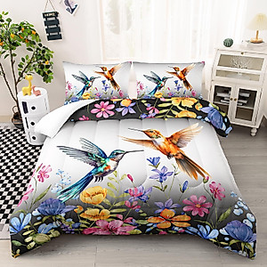 AILONEN Hummingbird Comforter Set Queen Size, 3D Colorful Flowers Hummingbird Bedding Set for All Ages,Black Watercolor Wild Animals Theme Duvet Set,1 Quilt and 2 Pillowcases,3-Piece