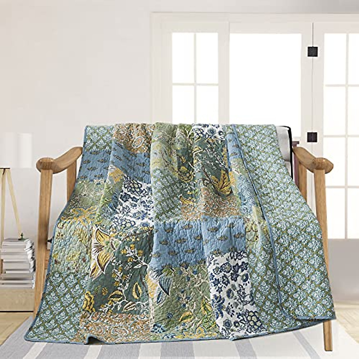 NEWLAKE Cotton Quilted Throw Blanket for Bed Couch Sofa, Reversible Matelasse Blanket with Real Stitched Embroidery,Green Farmhouse Garden,60X78 Inch