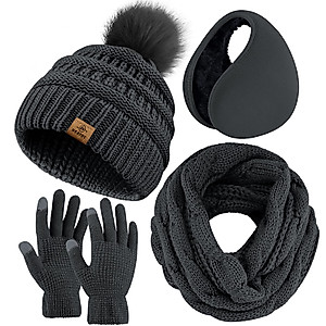 URATOT Winter Warm Sets Knitted Scarf Beanie Pompom Hat Touch Screen Gloves and Winter Ear Warmer Set for Men or Women