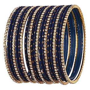 Efulgenz Indian Bangle Set Rhinestone CZ Plain Metal Bracelet Bangle Jewelry for Women (20 Pcs) Size-2.6, Blue