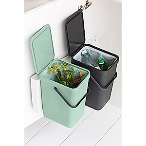 Brabantia Sort & Go Built-in Cupboard Recycling Cans (2 x 4.2 Gal/Dark Gray & Jade Green) Double Door Mounted Trash Organisers with Handles & Removable Lids