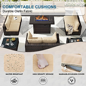 Outdoor Patio Furniture Set with Fire Pit Table, 13 Pieces Outdoor Furniture Set Patio Sectional Sofa w/42in Propane Fire Pit, PE Wicker Rattan Patio Conversation Sets - Beige