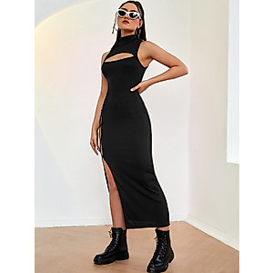 Verdusa Women's Mock Neck Cut Out Split Thigh Sleeveless Long Bodycon Dress Black S