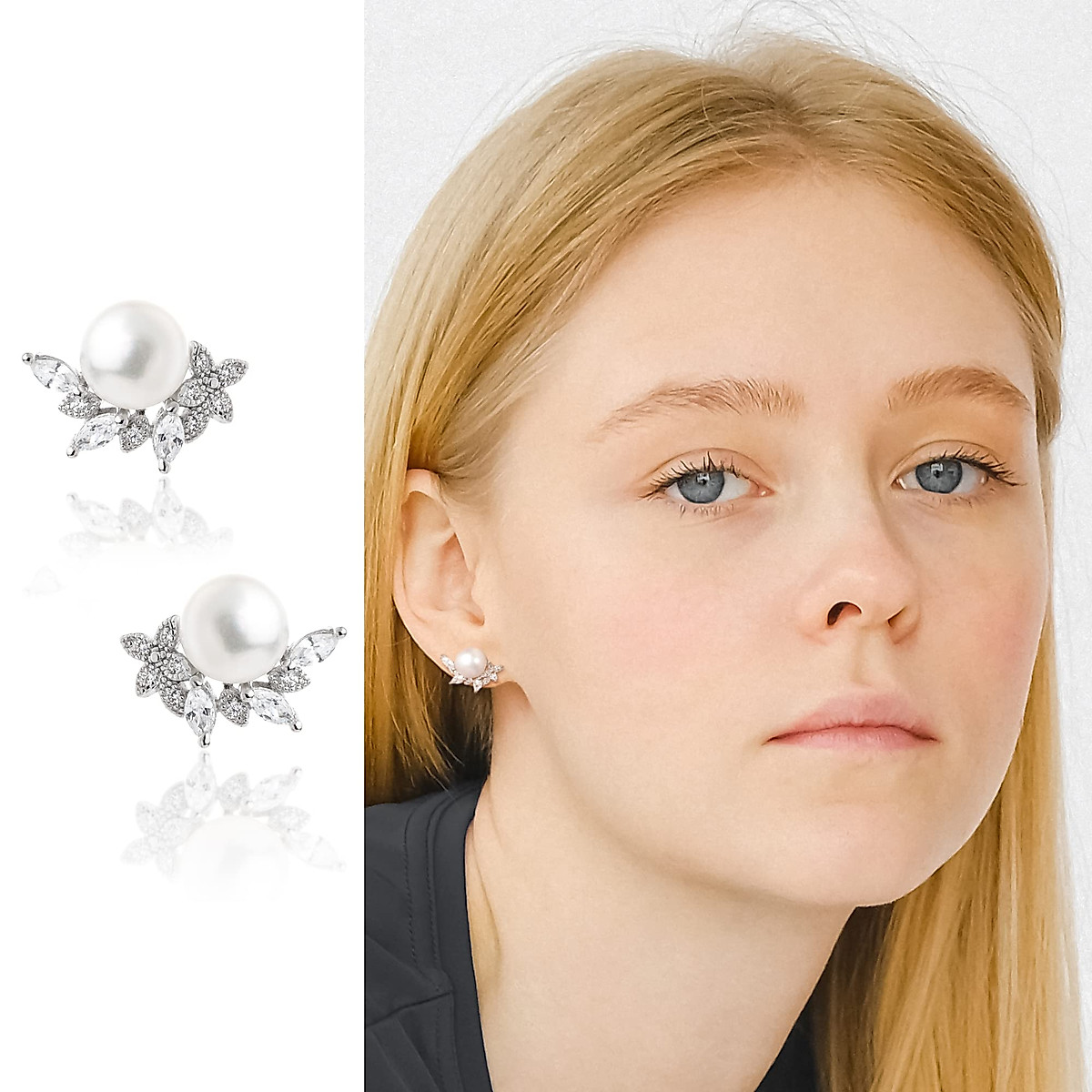 Pearlsays Natural Pearl Earrings for Women 925 Sterling Silver Cubic Zirconia Earrings Jewelry for Women AAAA Quality Real White Freshwater Pearl from The Pearls Source (8.00, Natural Pearl Zirconia