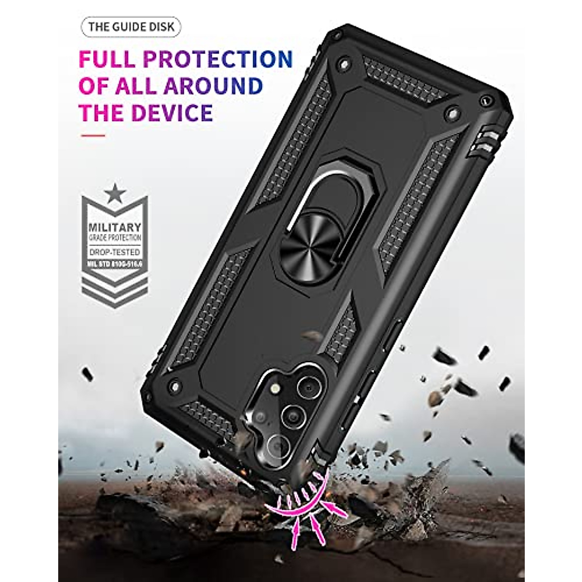 Anvzle for Samsung Galaxy A32 4G [Not Fit A32 5G] Case with [2 Pack] Tempered Glass Screen Protector, Galaxy A32 4G Heavy Duty Armor [Military-Grade] Protective, with Magnetic Ring Stand Cover (Black)