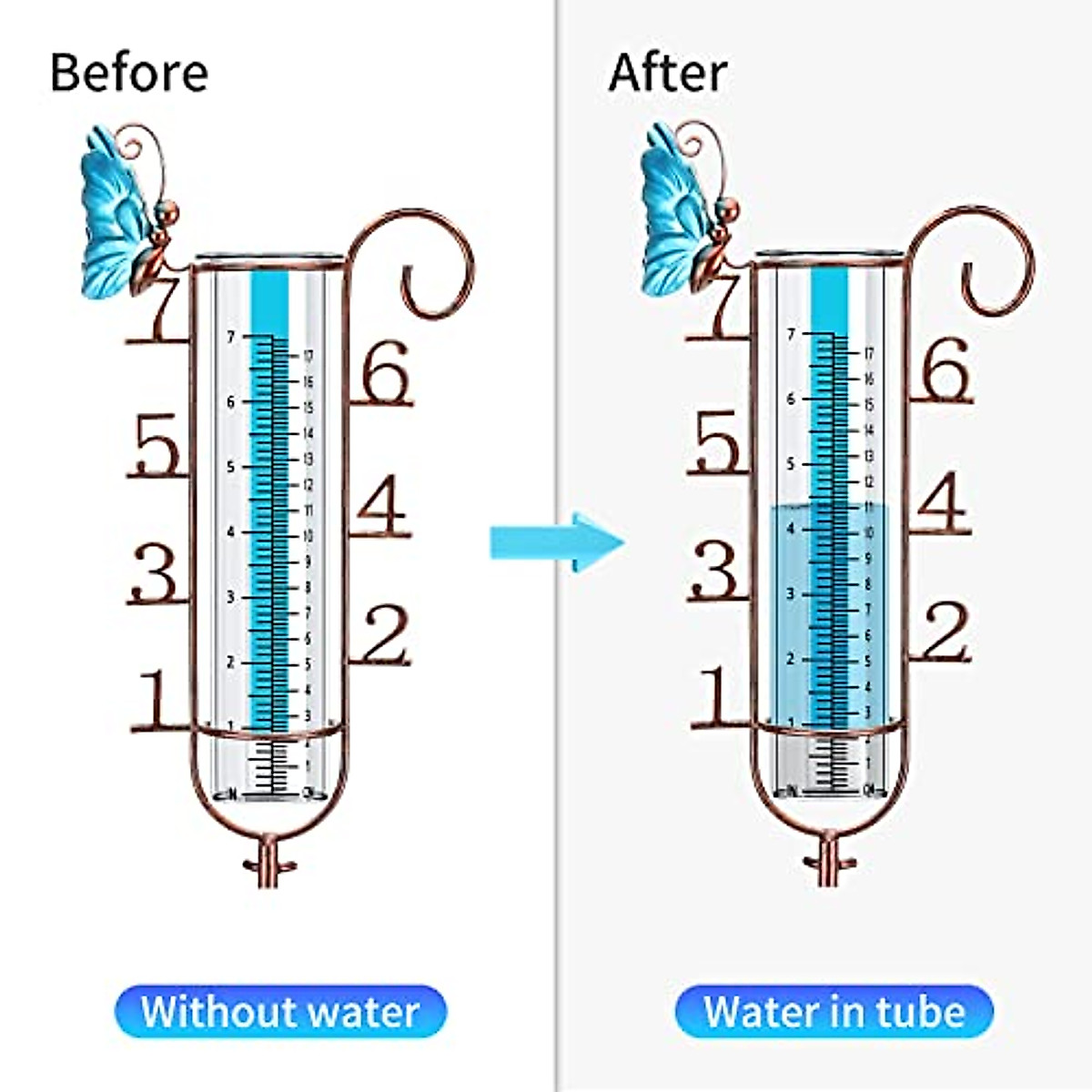 VANCORE 32 Inch Rain Gauge Outdoor with Waterproof Thermometer, 7 Inch Rain Guage Easy to Read, Detachable Rustproof Metal Frame with Replacement Glass Tube, Butterfly Decor for Yard & Garden