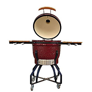 RJMOLU 21" Big BBQ Grill, Smoker, Roaster and Grill with 2 Foldable Wooden Side Shelves, Multifunctional Ceramic Barbecue Grill for Picnic Garden Terrace Camping Travel
