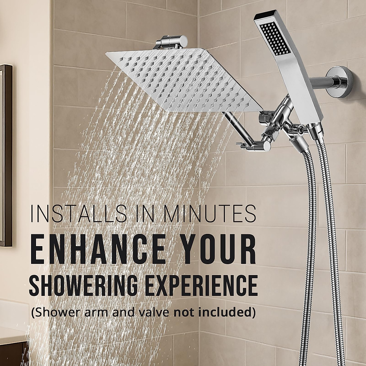 G-Promise All Metal Dual Square Shower Head Combo | 8" Rain Shower Head | Handheld Shower Wand with 71" Extra Long Flexible Hose | Smooth 3-Way Diverter | Adjustable Extension Arm - A Bathroom Upgrade