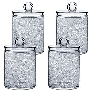 4 Pack Qtip Holder Dispenser Shiny Silver Cotton Ball Cotton Swab Cotton Round Pads Floss Clear Bathroom Storage Containers Plastic Apothecary Jars with Lids